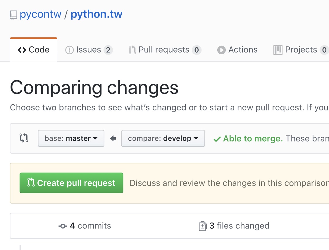 How to create a merge request form develop to master? · Issue #9 · pycontw/python.tw · GitHub