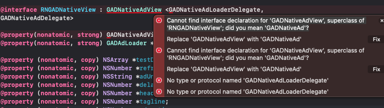 Cannot find interface declaration for 'GADNativeAdView', superclass of 'RNGADNativeView'; did ...