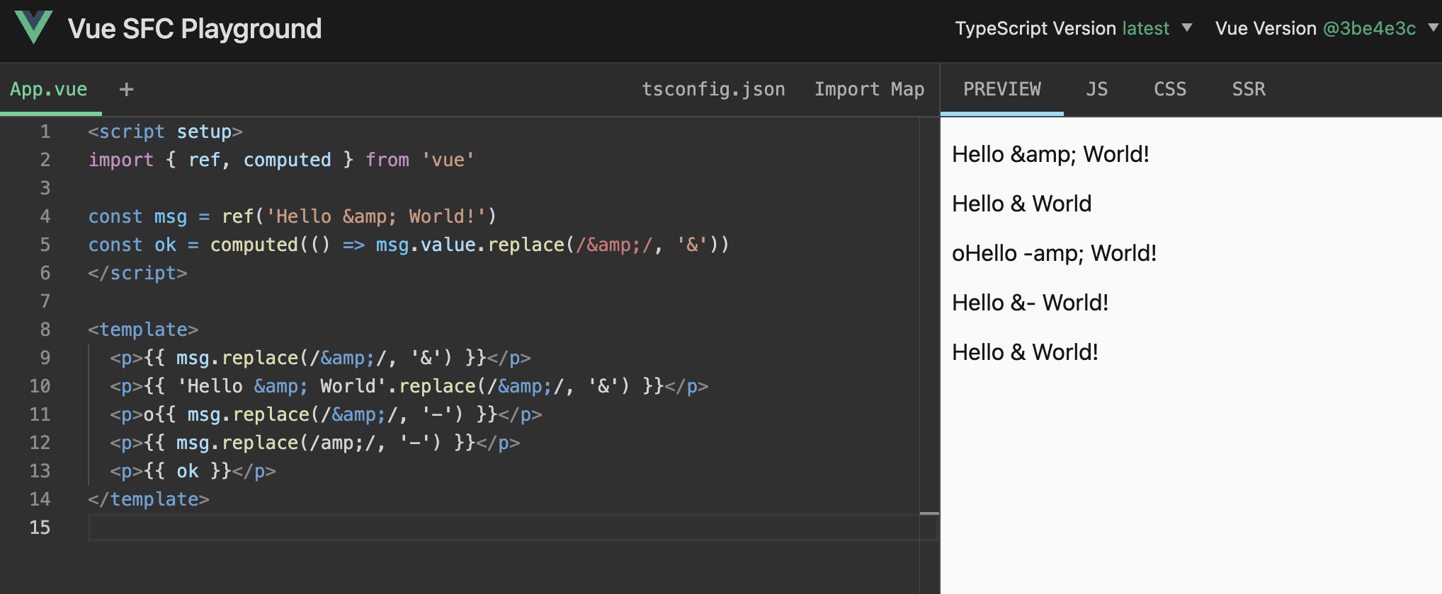 在模板中对字符串 replace 时,参数含 '&' 符号不生效 · Issue #8845 · vuejs/core · GitHub 在模板中对字符串 replace 时,参数含 '&' 符号不生效 · Issue #8845 · vuejs/core · GitHub