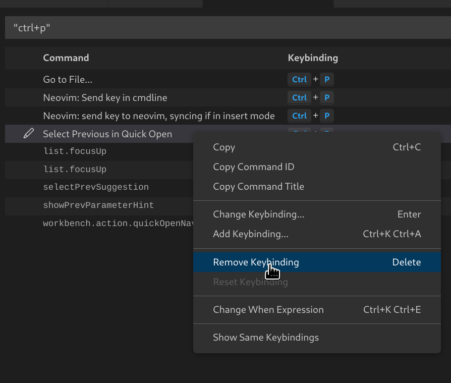 ctrl + p shortcut not working as expected. · Issue #981 · vscode-neovim ...