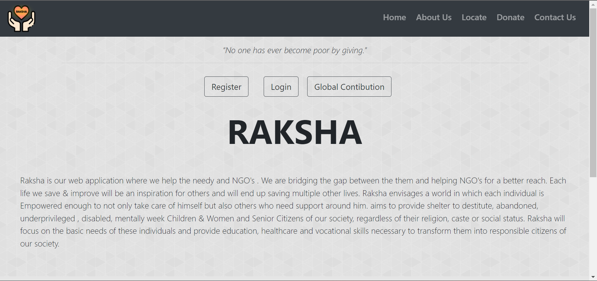 GitHub - DarkSoul26/Raksha: A website to bridge gap between a NGO and needy people.