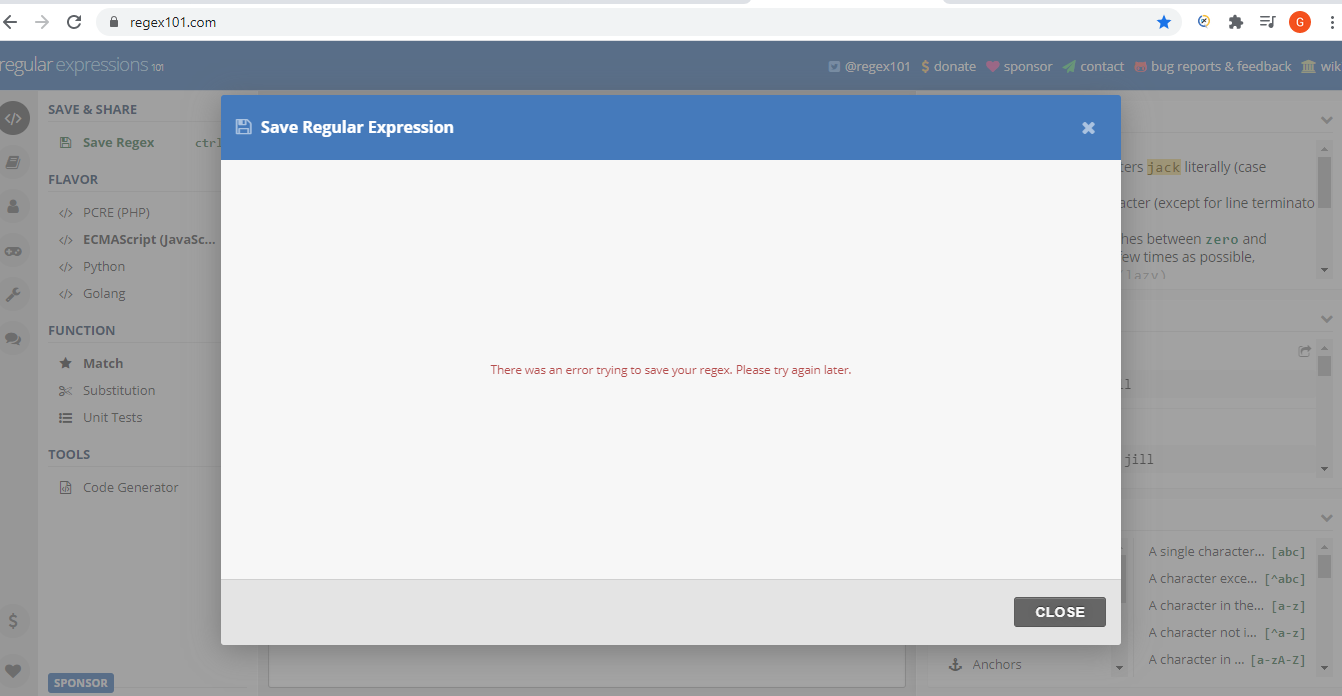There was an error trying to save your regex. Please try again later. · Issue #873 · firasdib ...