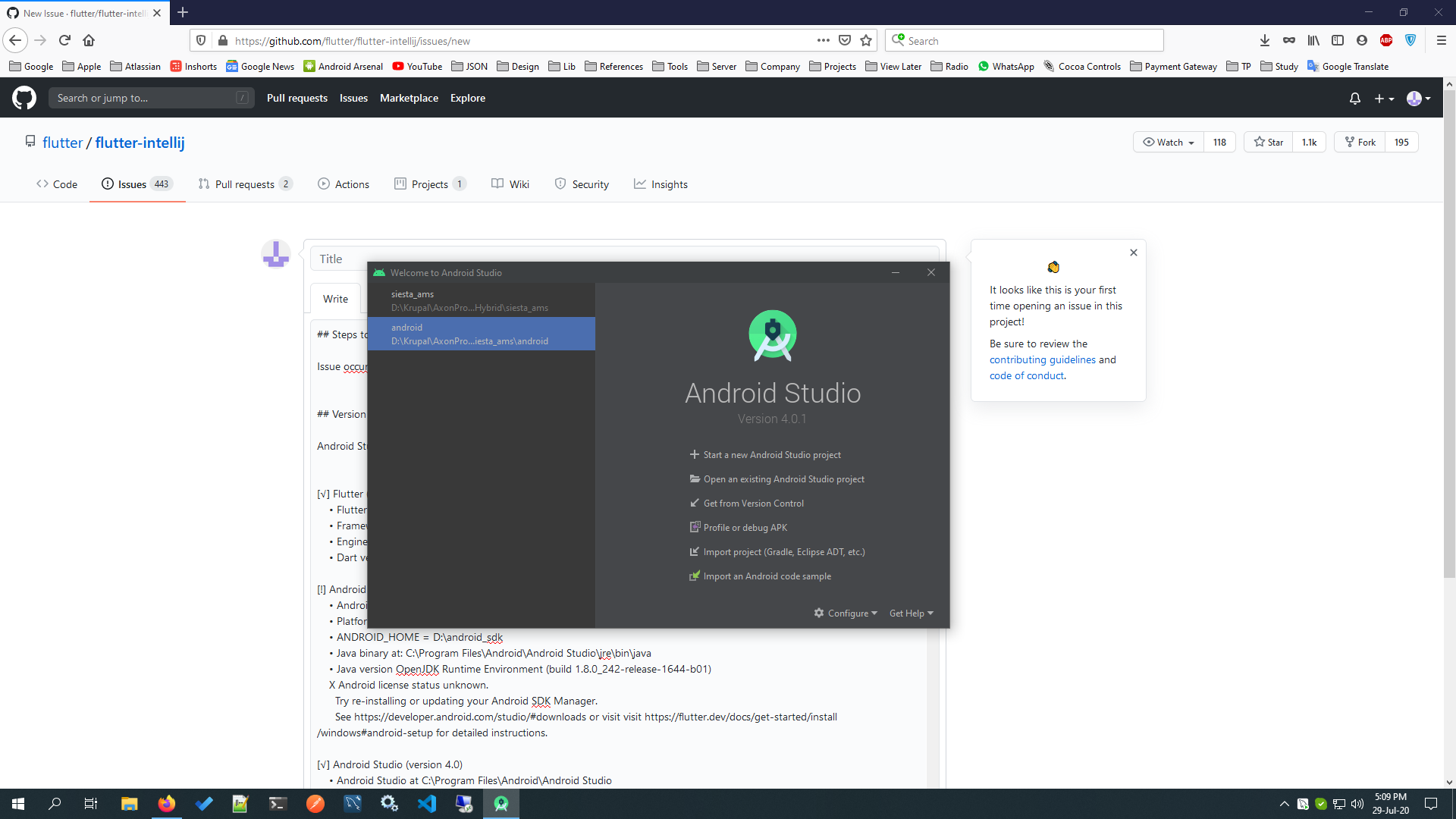 Flutter plugin crashed and Create flutter project is missing · Issue ...