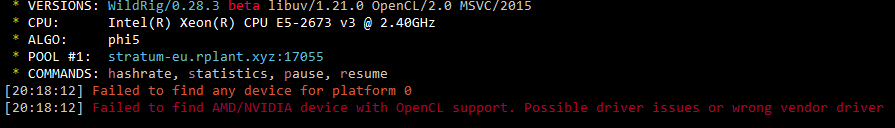 Failed to find AMD/NVIDIA device with OpenCL support. Possible driver issues or wrong vendor ...