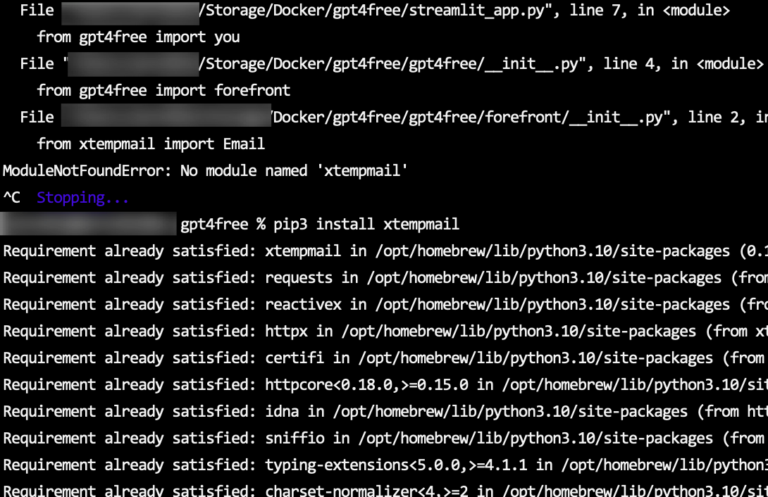ModuleNotFoundError: No module named 'xtempmail' · Issue #456 · xtekky/gpt4free · GitHub