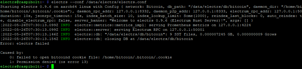 Electrs permission denied error · Issue #1030 · raspibolt/raspibolt · GitHub