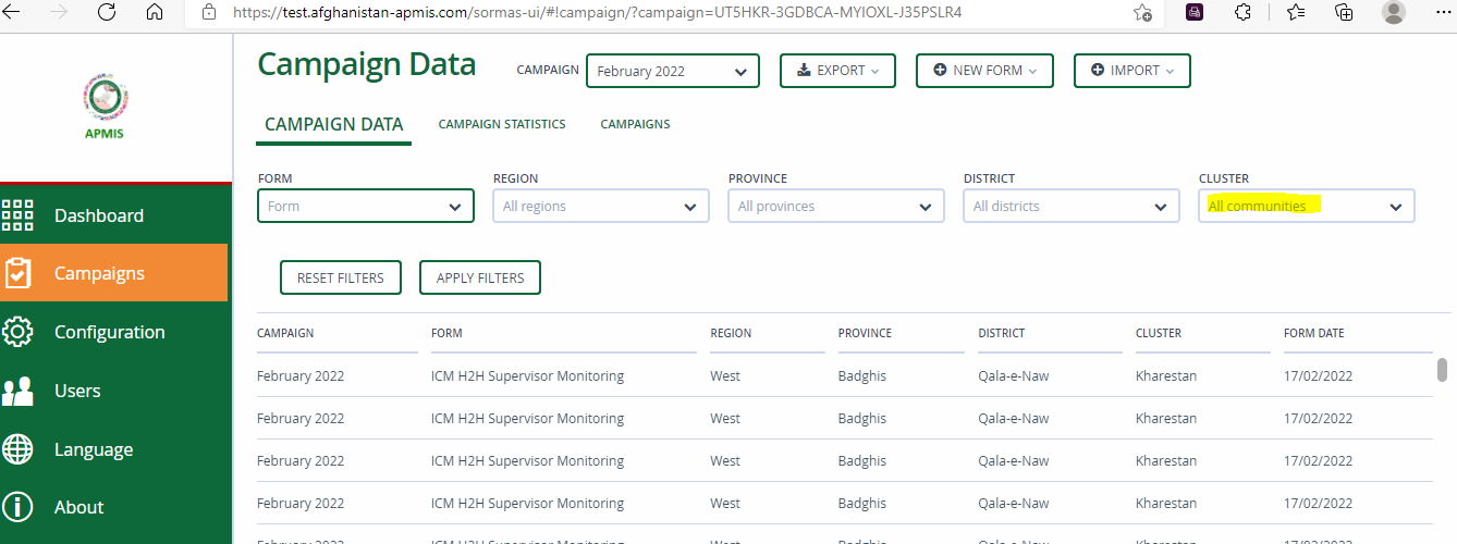 Campaign Data page: Change default cluster dropdown value to "All clusters" (not "All ...