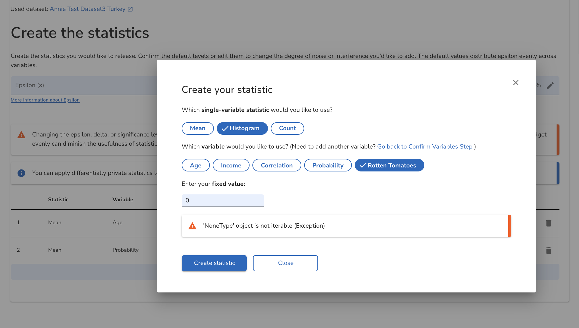 Error messages on the Create Statistics pop up · Issue #458 · opendp/dpcreator · GitHub