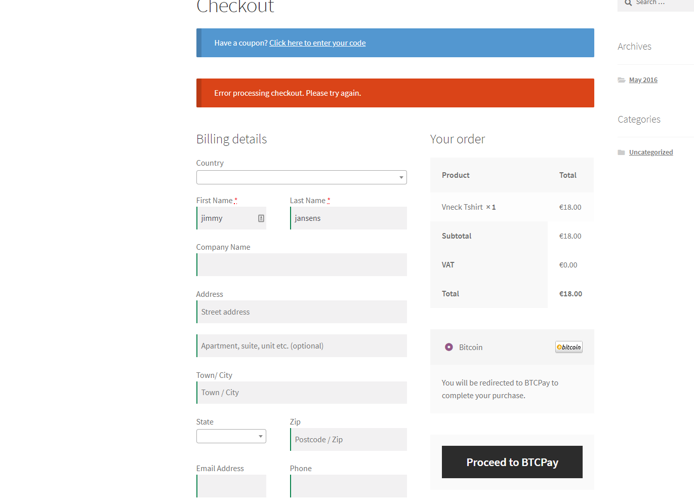 Error processing checkout. Please try again. · Issue #797 · btcpayserver/btcpayserver · GitHub