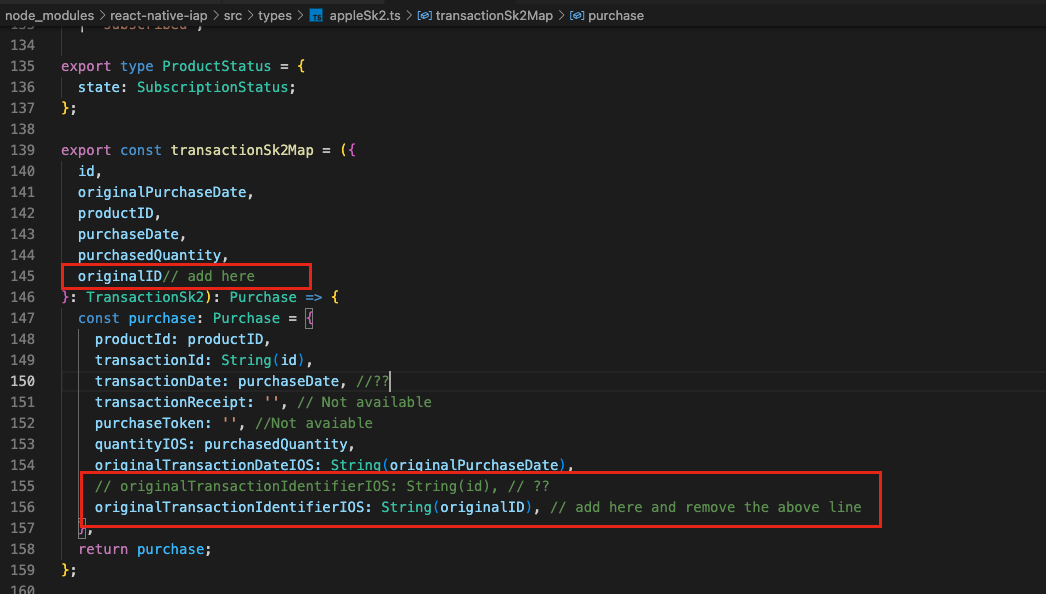 column originalTransactionIdentifierIOS in object Purchase of function purchaseUpdatedListener ...
