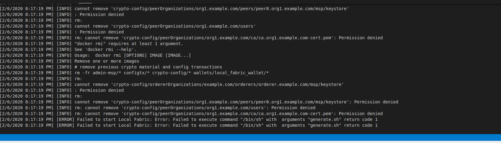 Cannot Remove 'crypto-config/peerOrganizations/.......... as permission denied then failed to ...