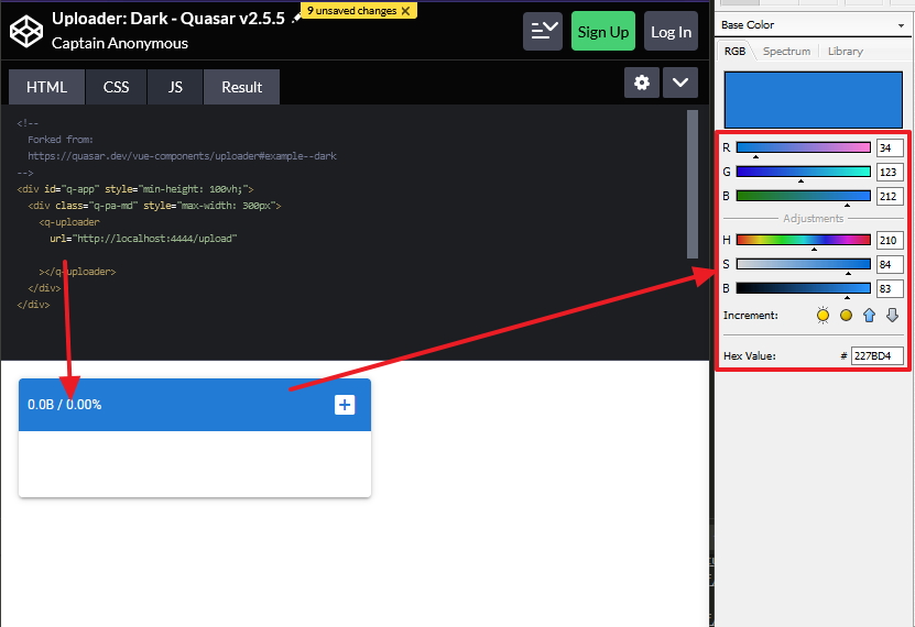 QUploader component's background colour changes slightly when 'text-color' prop is set · Issue ...