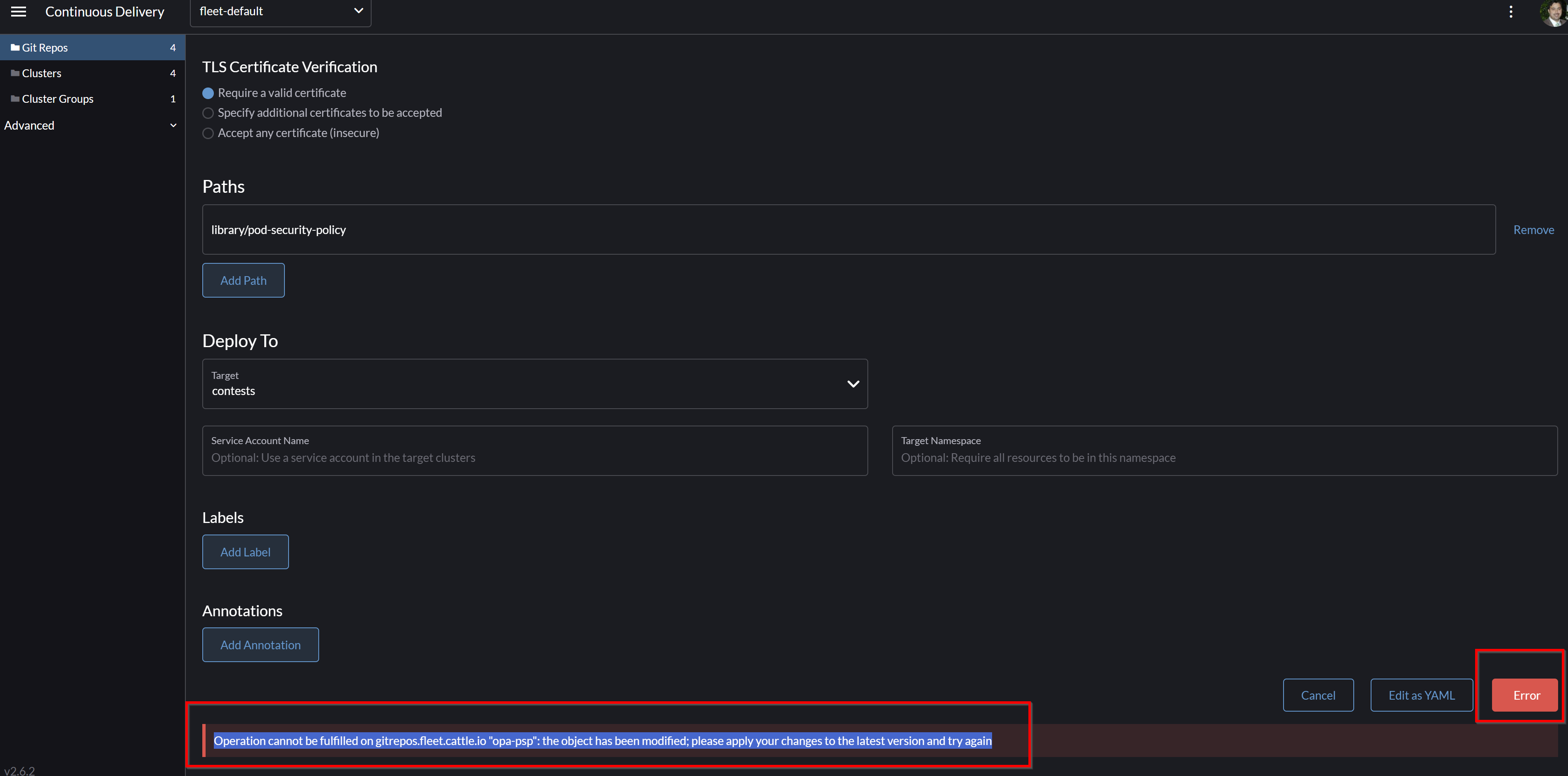 Continuous Delivery (UI) : Trying to modify a GitRepo results in "object has been modified ...