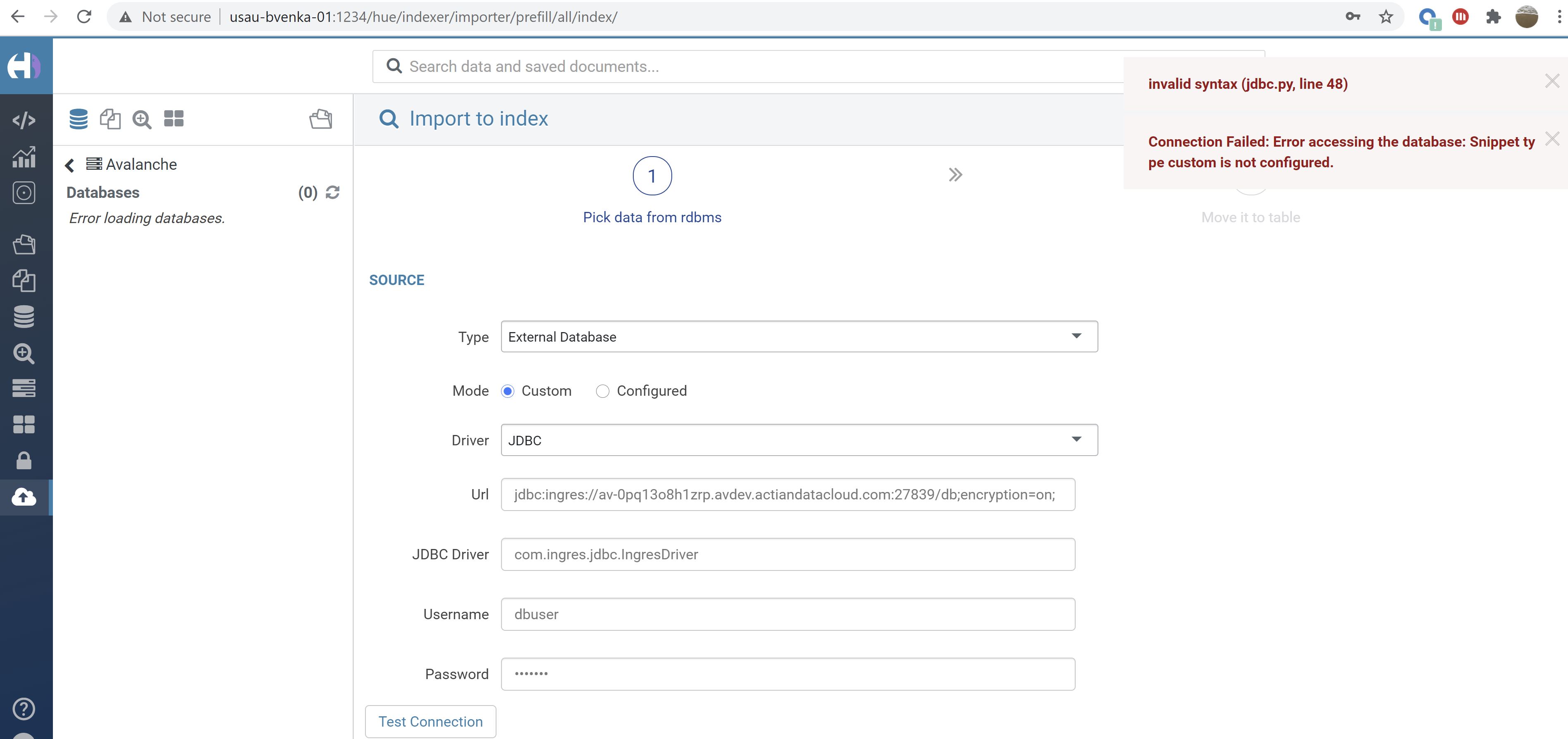while creating an index from external database using the jdbc connection string throwing an ...