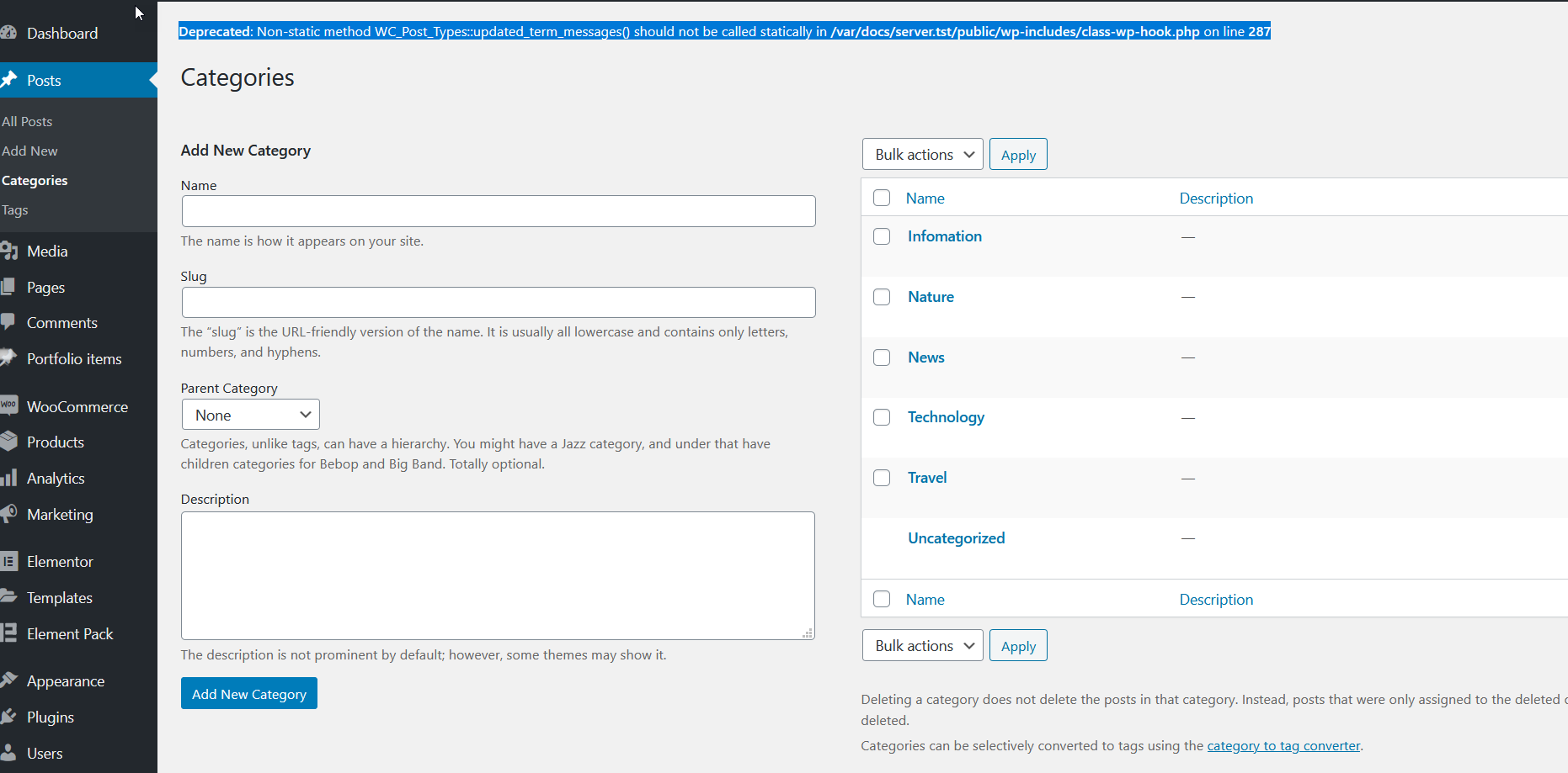 Deprecated: Non-static method WC_Post_Types::updated_term_messages() should not be called ...