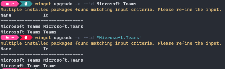 `winget upgrade --exact Microsoft.Teams`: Multiple installed packages found matching input ...