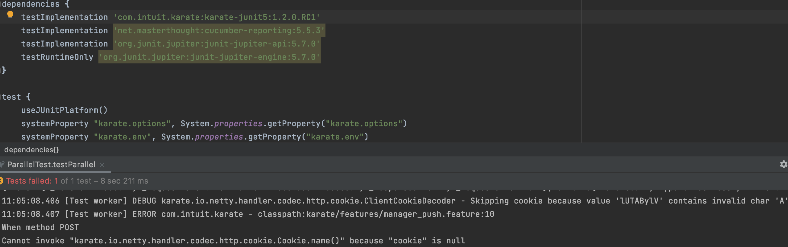 Cannot invoke "karate.io.netty.handler.codec.http.cookie.Cookie.name()" because "cookie" is null ...