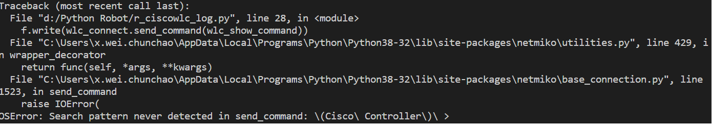 OSError: Search pattern never detected in send_command: \(Cisco\ Controller\)\ > · Issue #1 ...