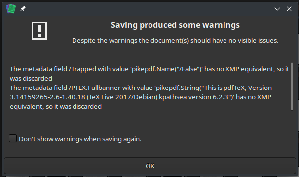 UserWarning: The metadata field /Trapped with value 'pikepdf.Name("/False")' has no XMP ...