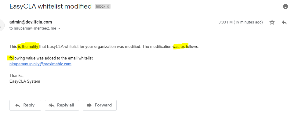 Corporate Console - EasyCLA whitelist modified Email - Issues with the email content and ...