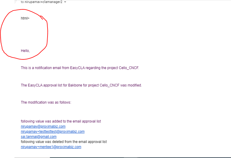 Corporate Console - EasyCLA whitelist modified Email - Issues with the email content and ...