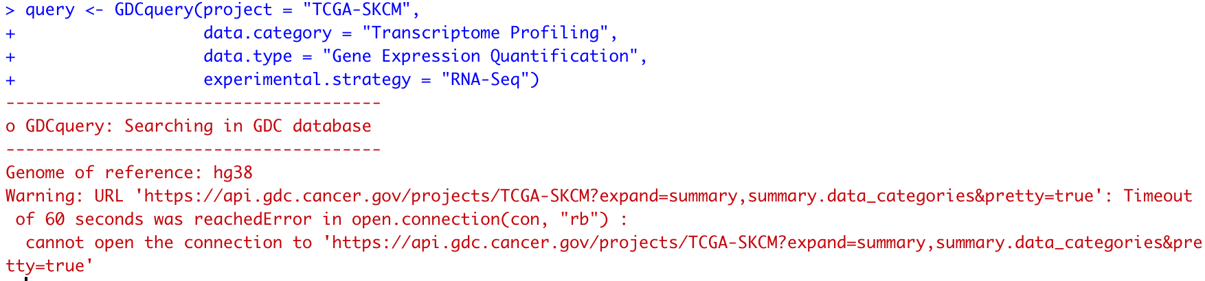 Timeout was reached: [api.gdc.cancer.gov] · Issue #604 · BioinformaticsFMRP/TCGAbiolinks · GitHub