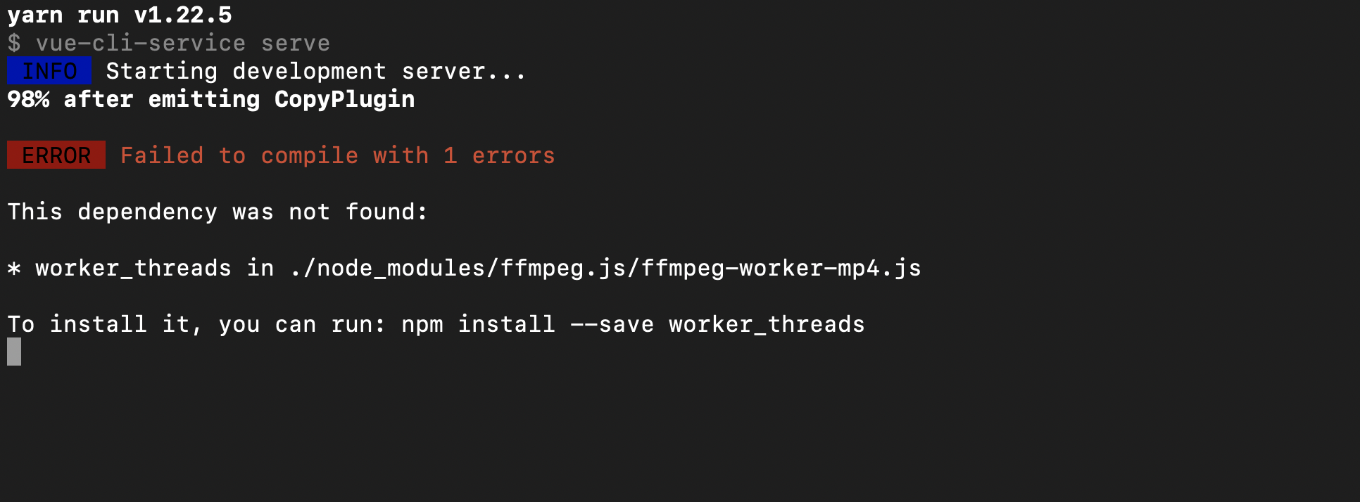 worker_threads dependency not found while using require("../../../../node_modules/ffmpeg.js ...