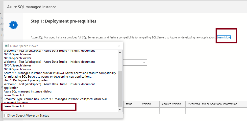 A11y_AzureDataStudioAAE_NewDeployment_AzureSQLManagedInstance_ScreenReader: NVDA does not ...
