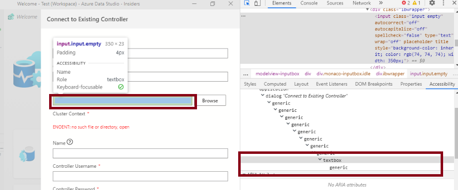 A11y_AzureDataStudioAAE_AzureArcController_ConnecttoExistingAzureArcController_DeveloperTool: No ...