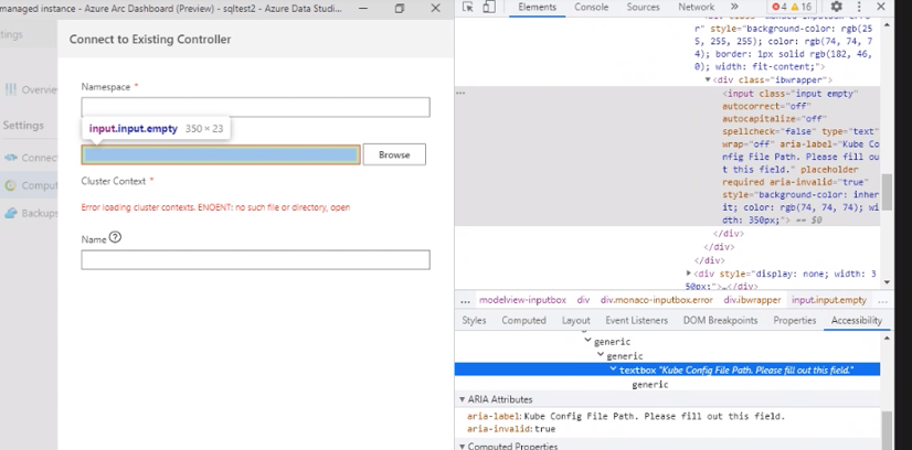 A11y_AzureDataStudioAAE_AzureArcController_ConnecttoExistingAzureArcController_DeveloperTool: No ...