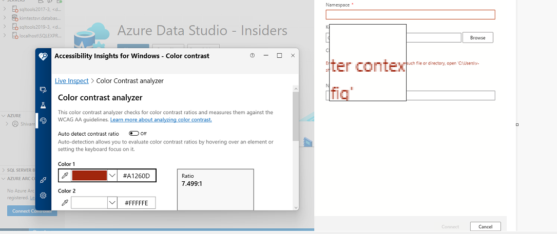 A11y_AzureDataStudioAAE_ConnecttoExistingController_ColorContrast: The color contrast ratio of ...