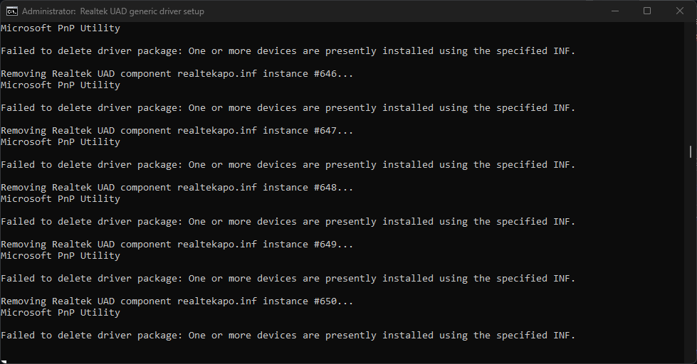 Re-installation error: Failed to delete driver package: One or more devices are presently ...
