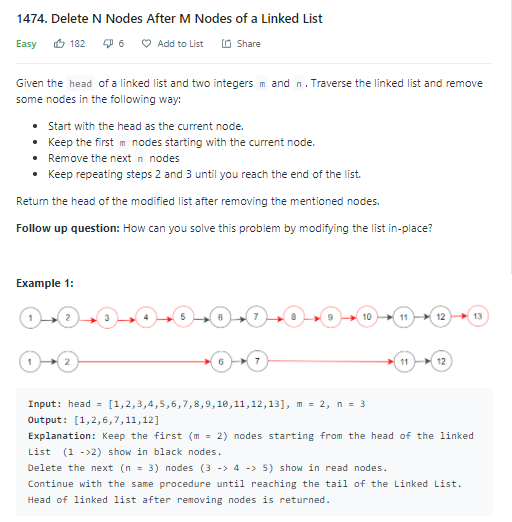 1474 Delete N Nodes After M Nodes Of A Linked List · Issue 139 · Spiralgoalgorithms · Github