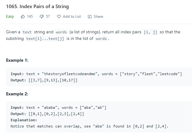 1065. Index Pairs of a String · Issue #148 · spiralgo/algorithms · GitHub