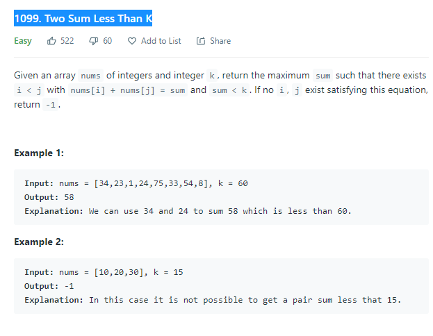 1099. Two Sum Less Than K · Issue #149 · spiralgo/algorithms · GitHub