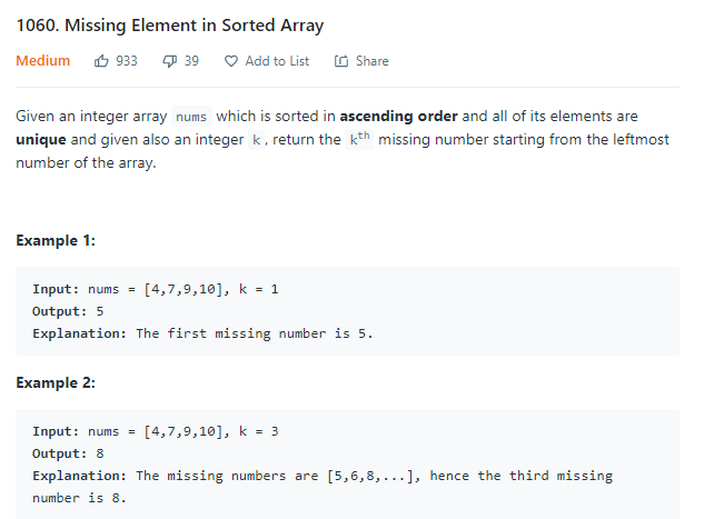 1060. Missing Element in Sorted Array · Issue #38 · spiralgo/algorithms · GitHub