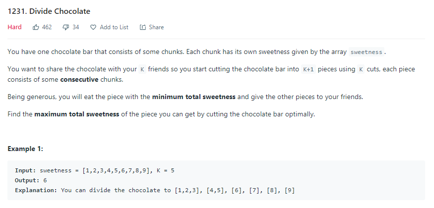 1231. Divide Chocolate · Issue #217 · spiralgo/algorithms · GitHub
