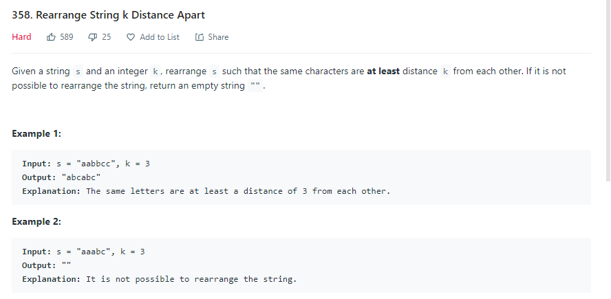 358. Rearrange String k Distance Apart · Issue #238 · spiralgo/algorithms · GitHub