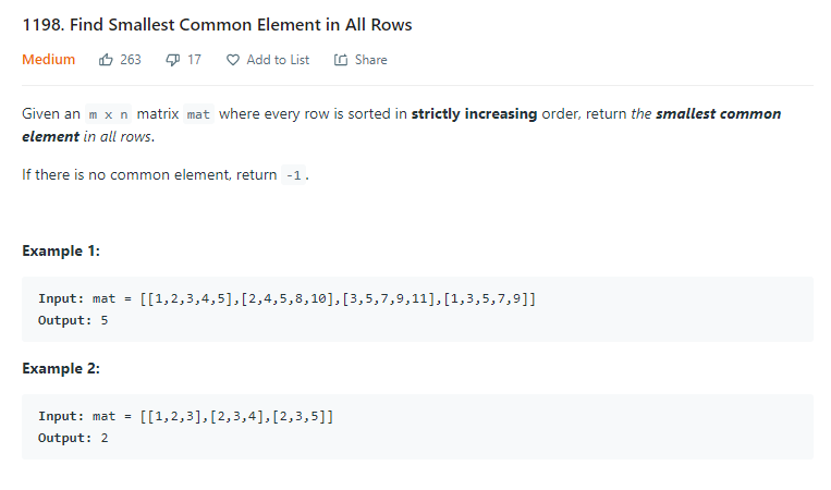 1198. Find Smallest Common Element in All Rows · Issue #261 · spiralgo/algorithms · GitHub