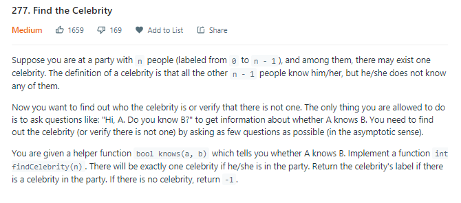 277. Find the Celebrity · Issue #75 · spiralgo/algorithms · GitHub