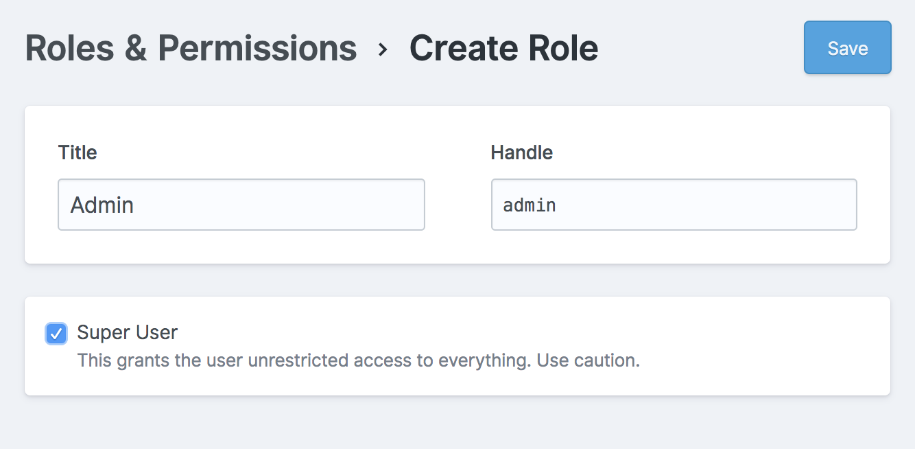 Creating a user role with super will create a empty permissions · Issue #696 · statamic/cms · GitHub