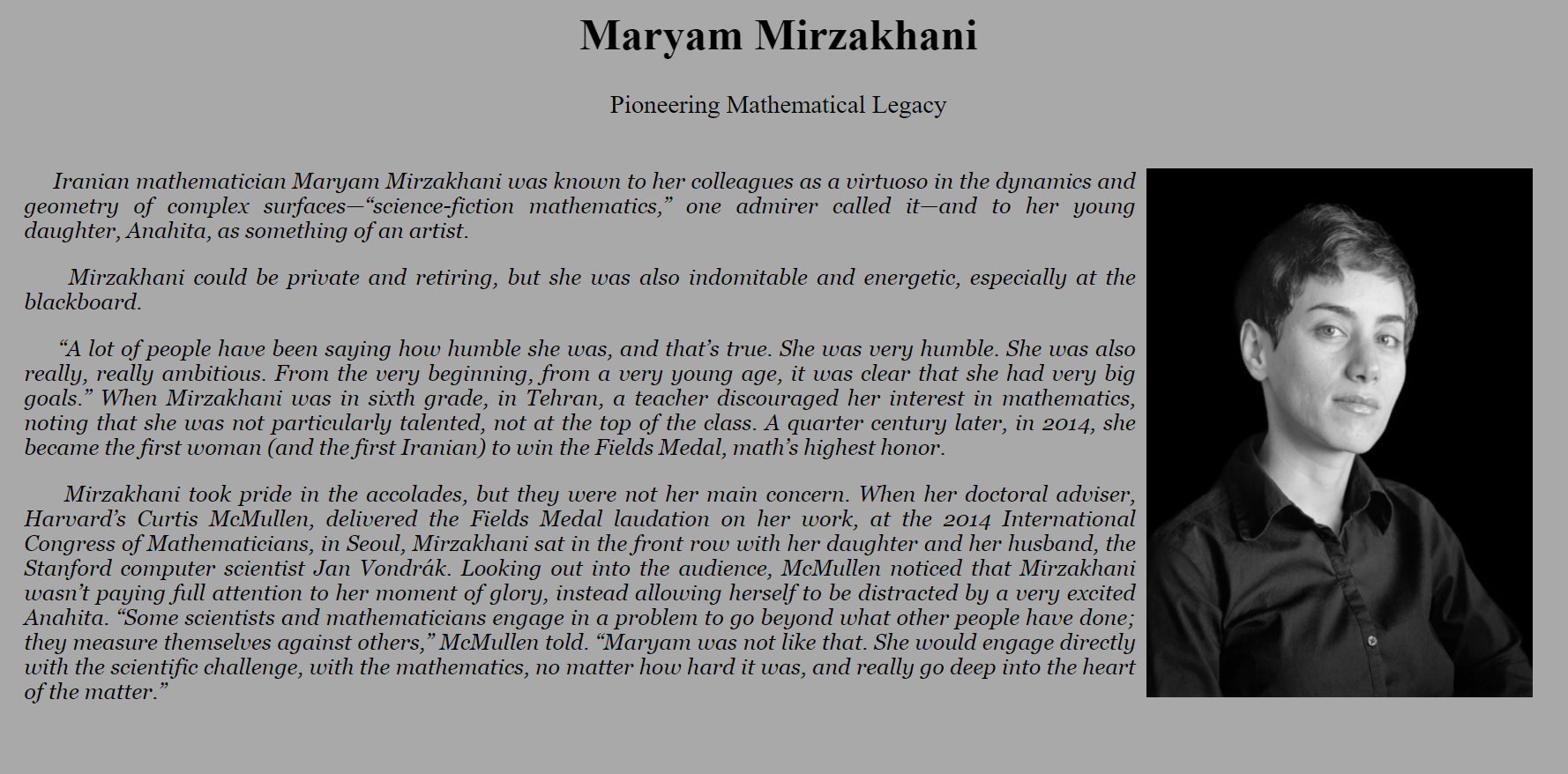 GitHub - lsatc/html_for_beginner_1: a tribute page of great mathematician Maryam Mirzakhani in html.