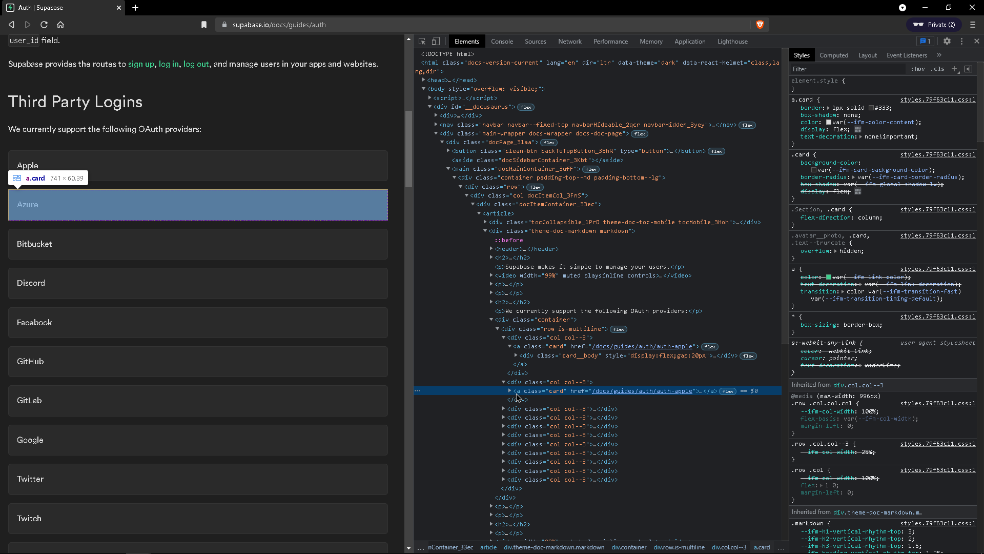 Clicking on the Azure auth card on https://supabase.io/docs/guides/auth ...