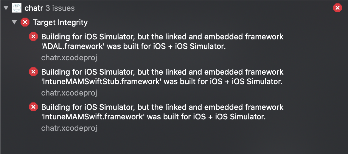 Building for ios simulator, but the linked and embedded framework was built for ios + ios ...