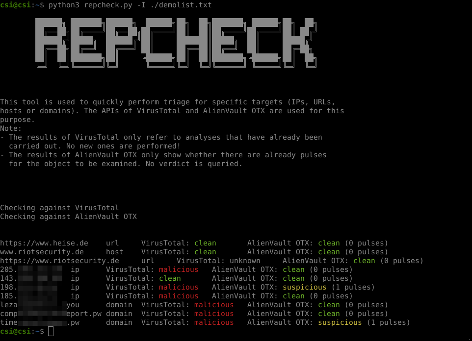 GitHub - riotsecurity/RepCheck: A reputation checker for IPs, URLs ...