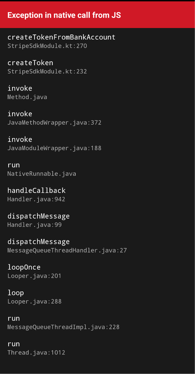 Exception in native call from JS createTokenFromBankAccount · Issue #1072 · stripe/stripe-react ...