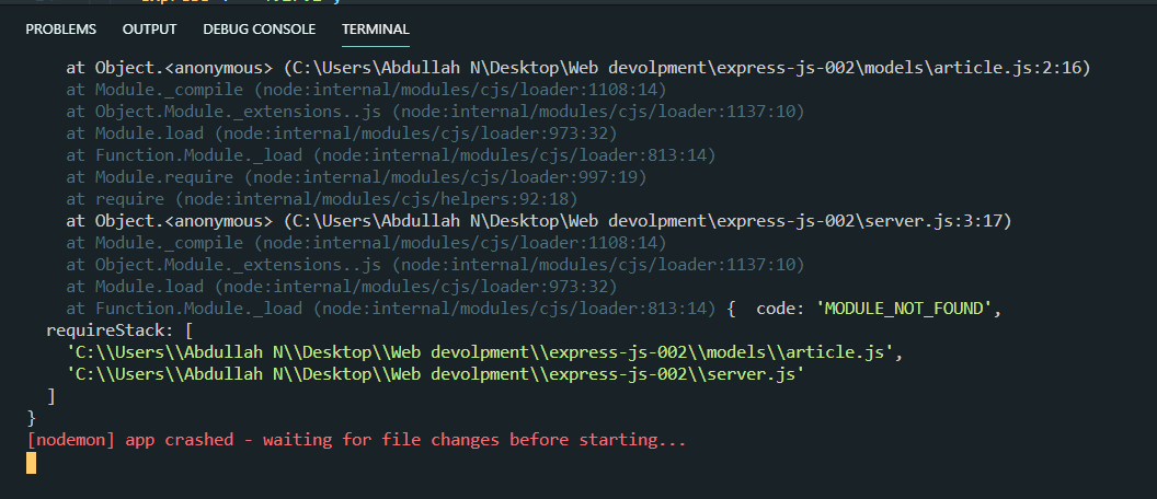 [nodemon] app crashed - waiting for file changes before starting ...