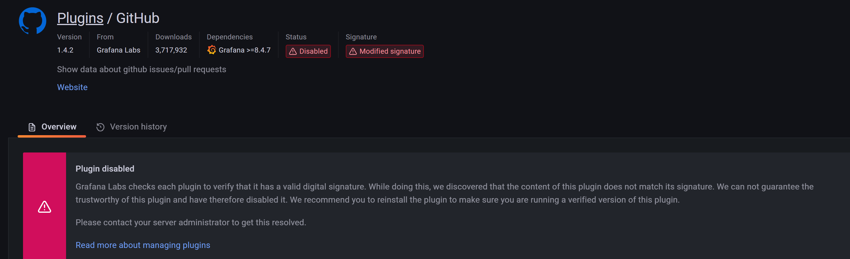 [Grafana Cloud] v1.4.2: The content of this plugin does not match its signature · Issue #217 ...