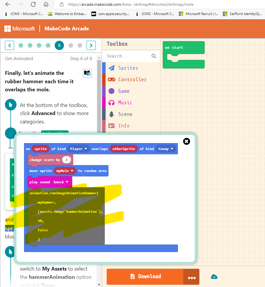 Whack the mole skillmap has grey block in the hints · Issue #5046 · microsoft/pxt-arcade · GitHub