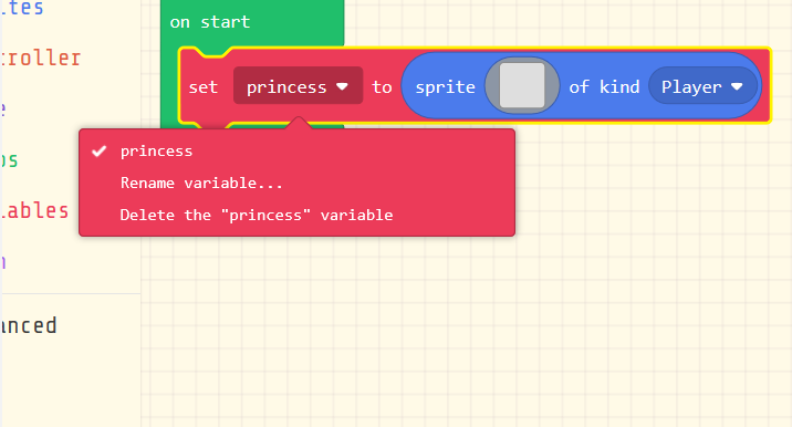 Add an option to create variable in the drop down · Issue #384 · microsoft/pxt-arcade · GitHub